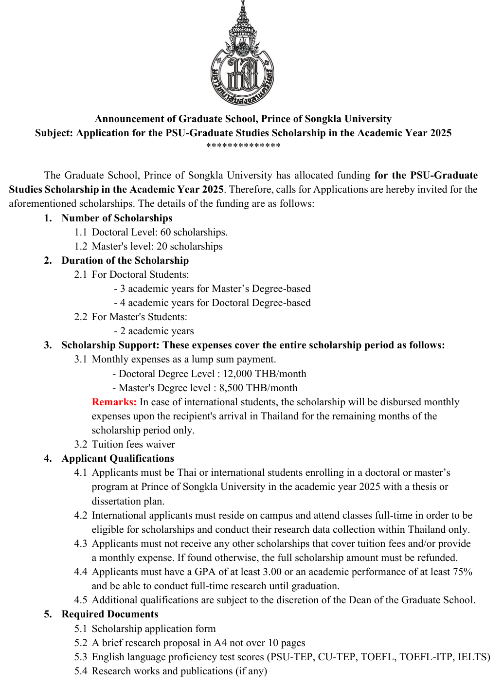 International Graduate Admission and Scholarship 2025 - Admission PSU
